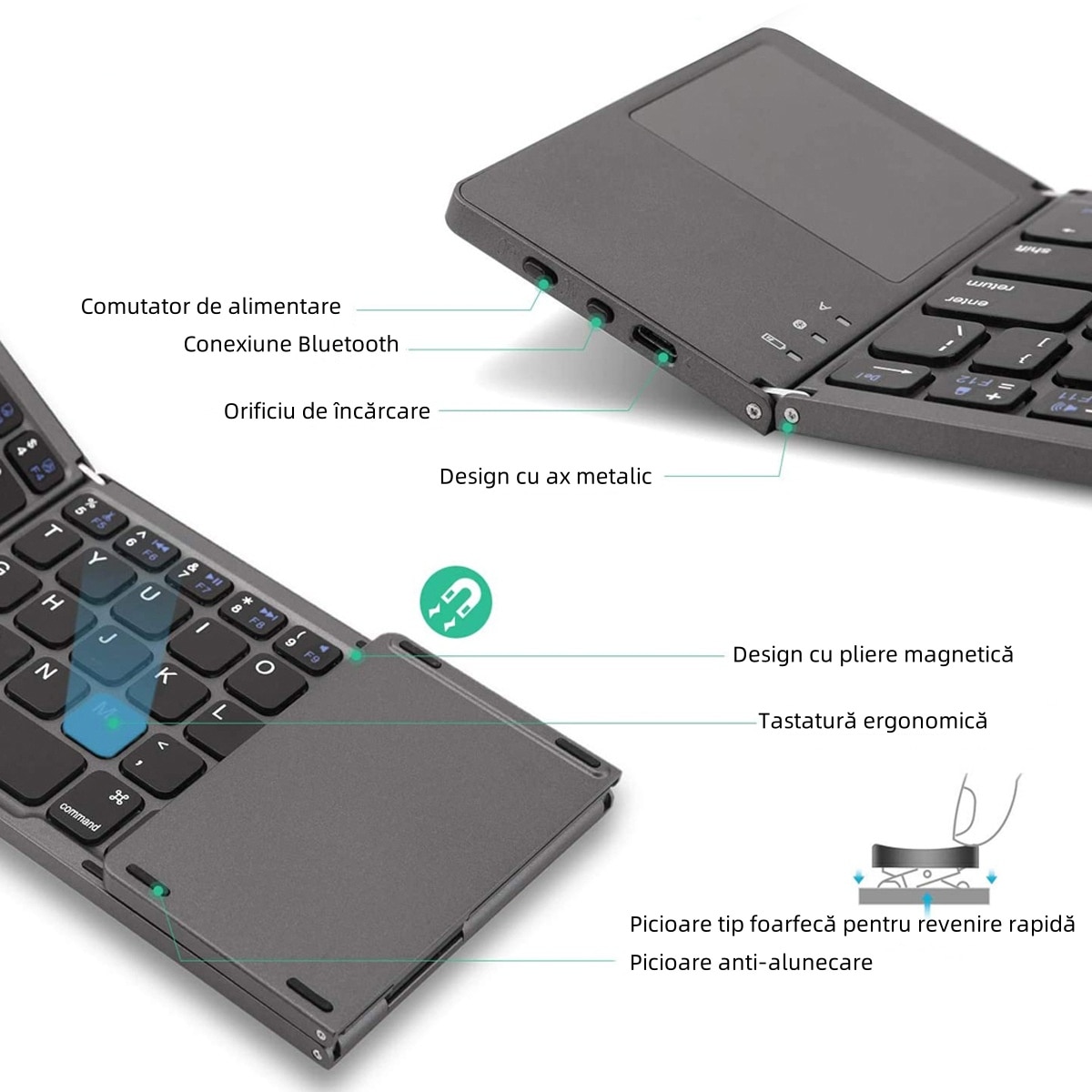 Tastatura Bluetooth wireless, design triplu, touchpad, ergonomica ...
