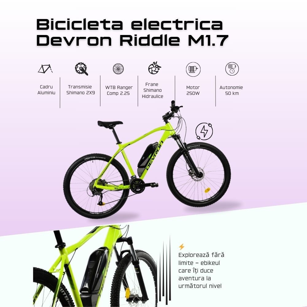 Bicicleta Electrica Devron Riddle M1.7 - 27.5 Inch, 490 mm, Neon - eMAG.ro