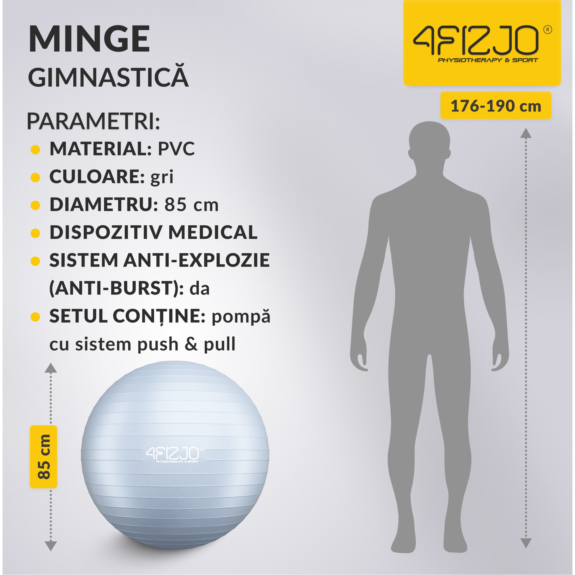 Minge de fitness, 85 cm, 4FIZJO, pentru gimnastica, yoga, aerobic ...