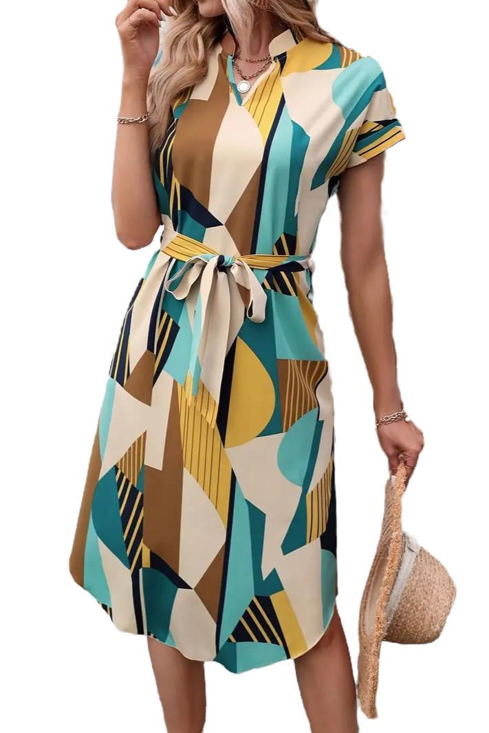 Rochie eleganta print geometric, cordon in talie, marimea L - eMAG.ro