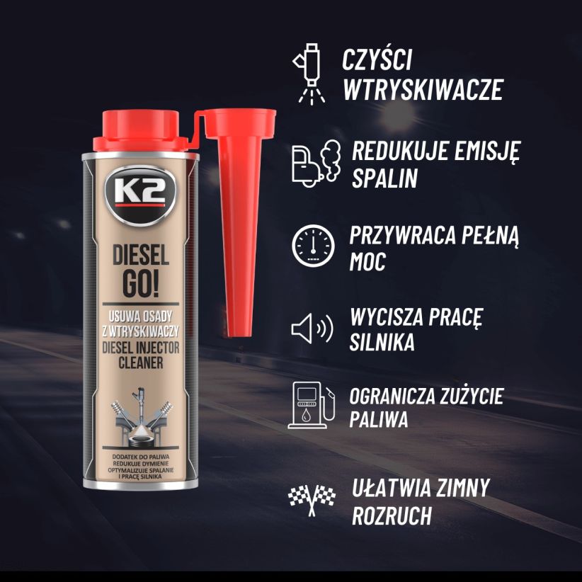 Автомобилна добавка K2 Diesel Go, 250мл, почиства инжектори, намалява ...