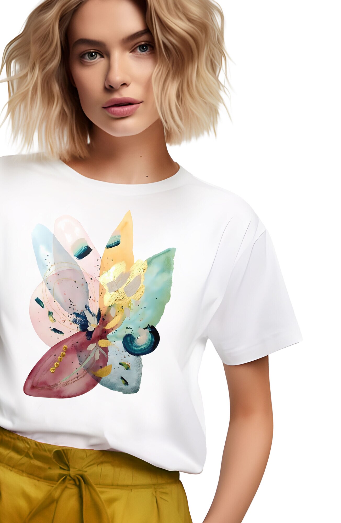 Tricou dama, Flori, Abstract Flower Watercolor, Alb, M - eMAG.ro