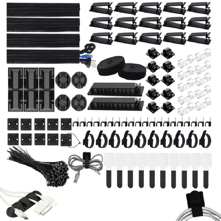 Set 200 piese pentru organizator cabluri, Reutilizabil, autoadeziv ...