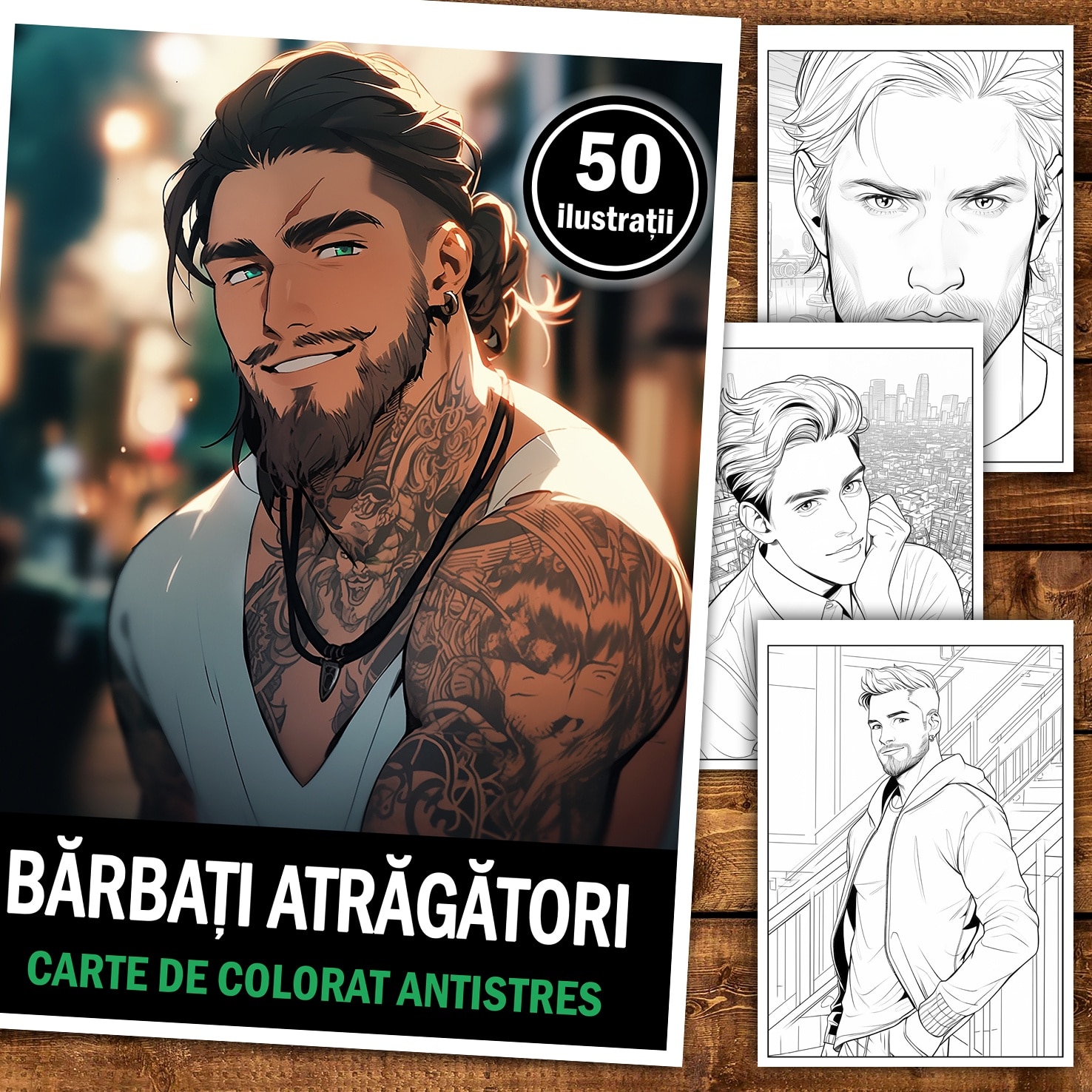 Carte de colorat antistres, 50 de ilustratii Barbati Atragatori, 106 ...