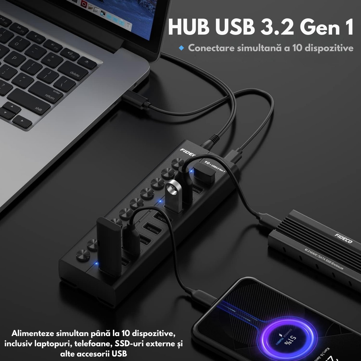 Hub USB 3.2 Gen 1 FIDECO cu 10 Porturi, Viteza 5Gbps, Alimentare 12V/4A ...