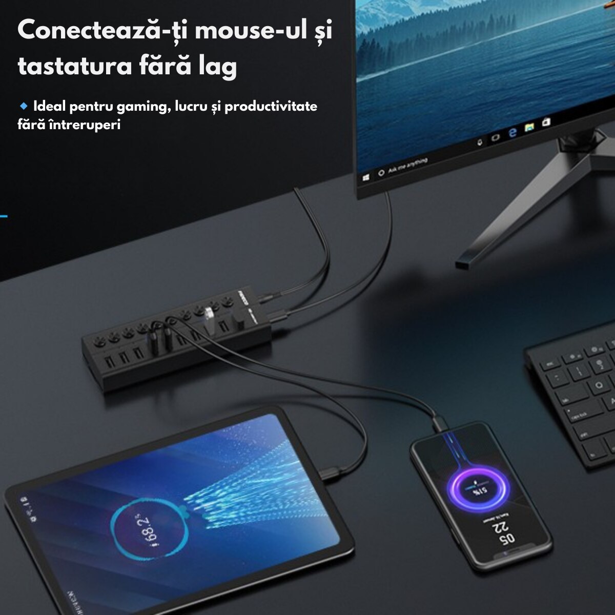 Hub USB 3.2 Gen 1 FIDECO cu 10 Porturi, Viteza 5Gbps, Alimentare 12V/4A ...