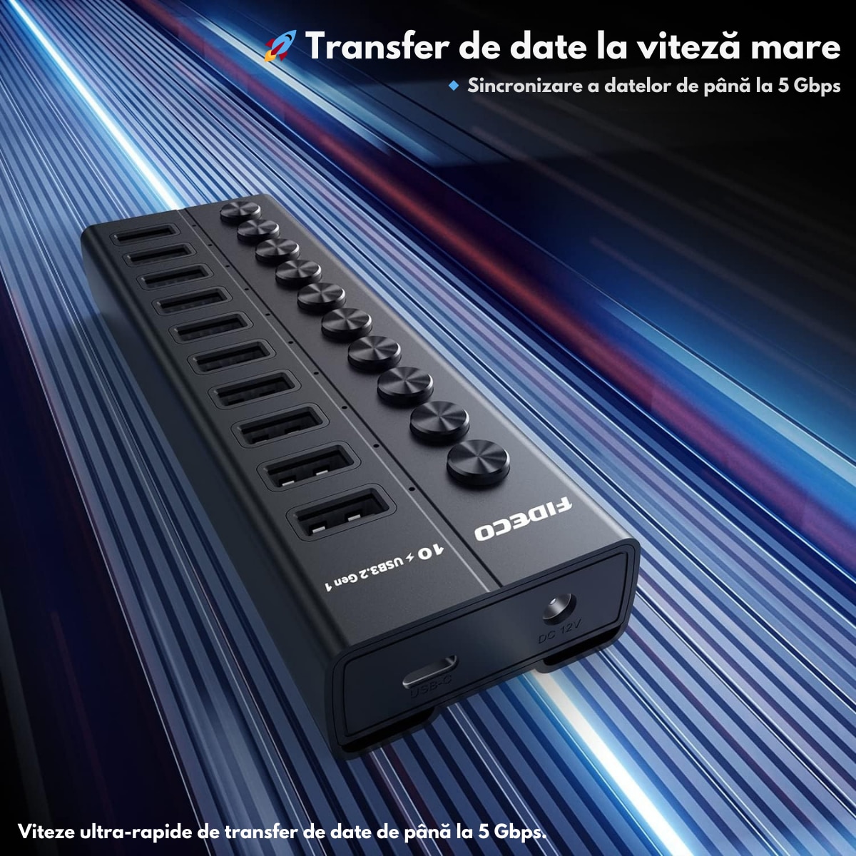 Hub USB 3.2 Gen 1 FIDECO cu 10 Porturi, Viteza 5Gbps, Alimentare 12V/4A ...