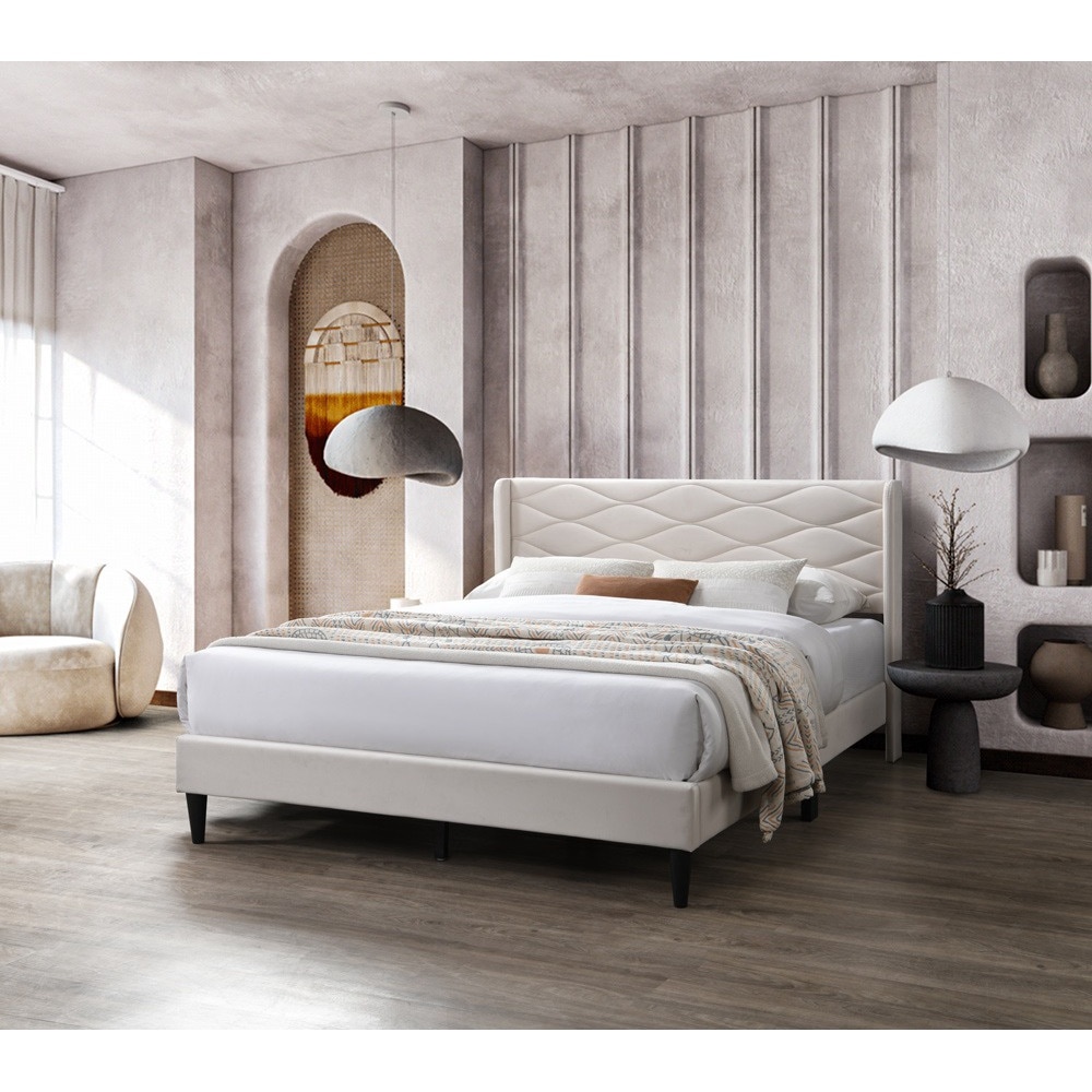 Pat tapitat Maya, 120x200, cadru din lemn cu somiera fixa, culoare Bej ...