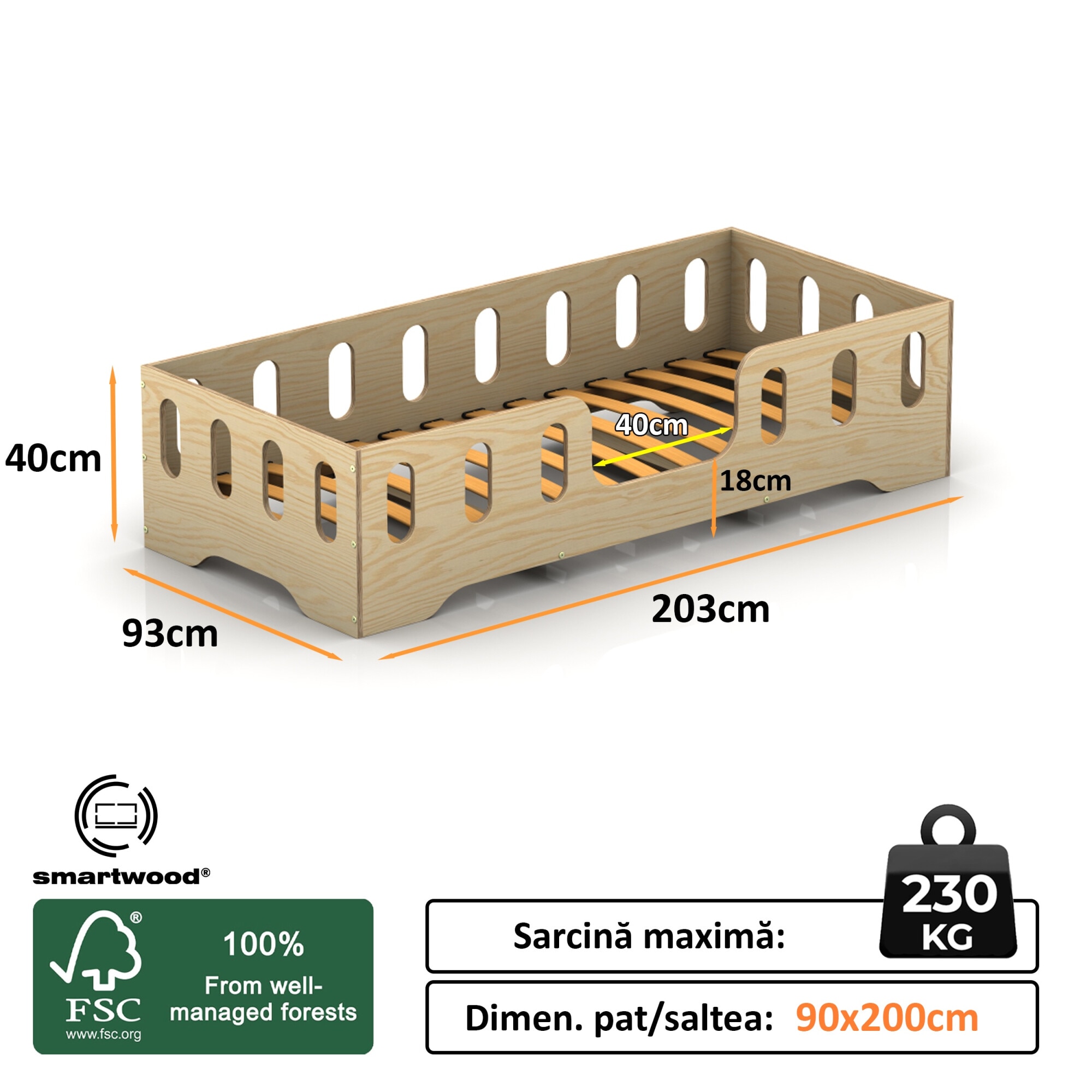 Pat copii 200x90 in culoare verde din lemn de pin cu balustrada de ...