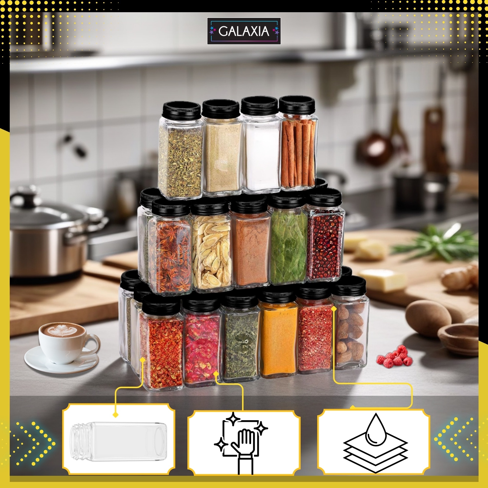 Set 24 Recipiente Condimente GALAXIA® – Organizator Bucatarie, Borcane ...