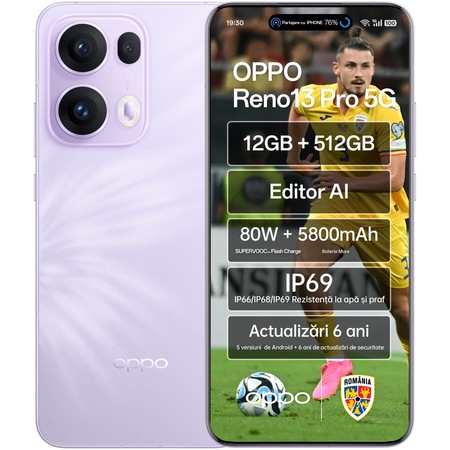 Смартфон OPPO Reno13 Pro, 12GB RAM, 512GB, 5G, Plume Purple - eMAG.bg
