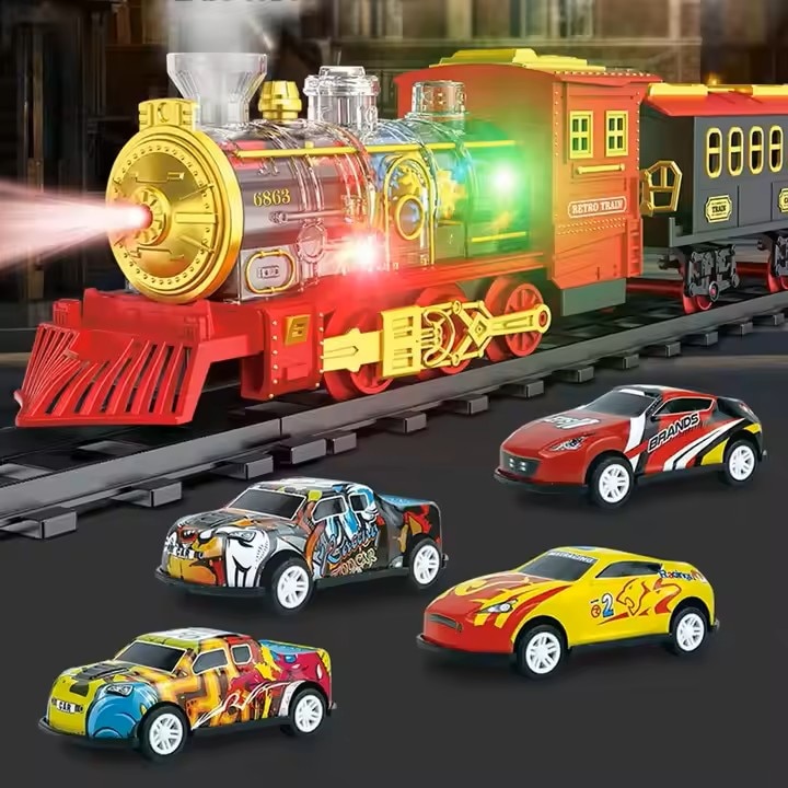 Trenulet Electric cu Aburi RetroSteamTrain pentru Copii, Include Tren ...