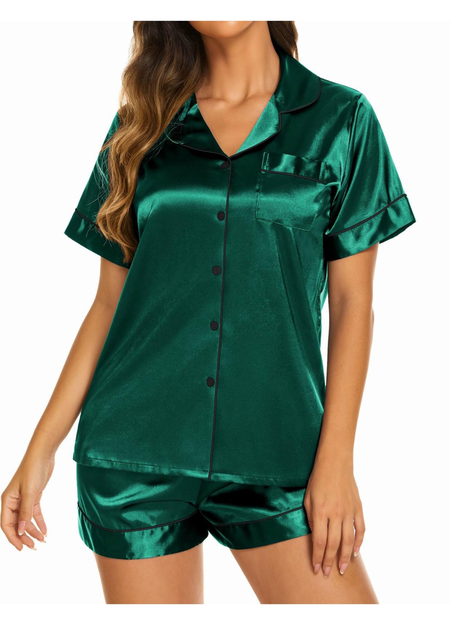 Pijama dama satin HIDARLING, satin moale, model cu nasturi si buzunar ...