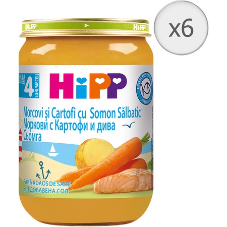 Pachet 6x Morcovi si cartofi cu somon salbatic HiPP, 190 g, 4 luni+ ...