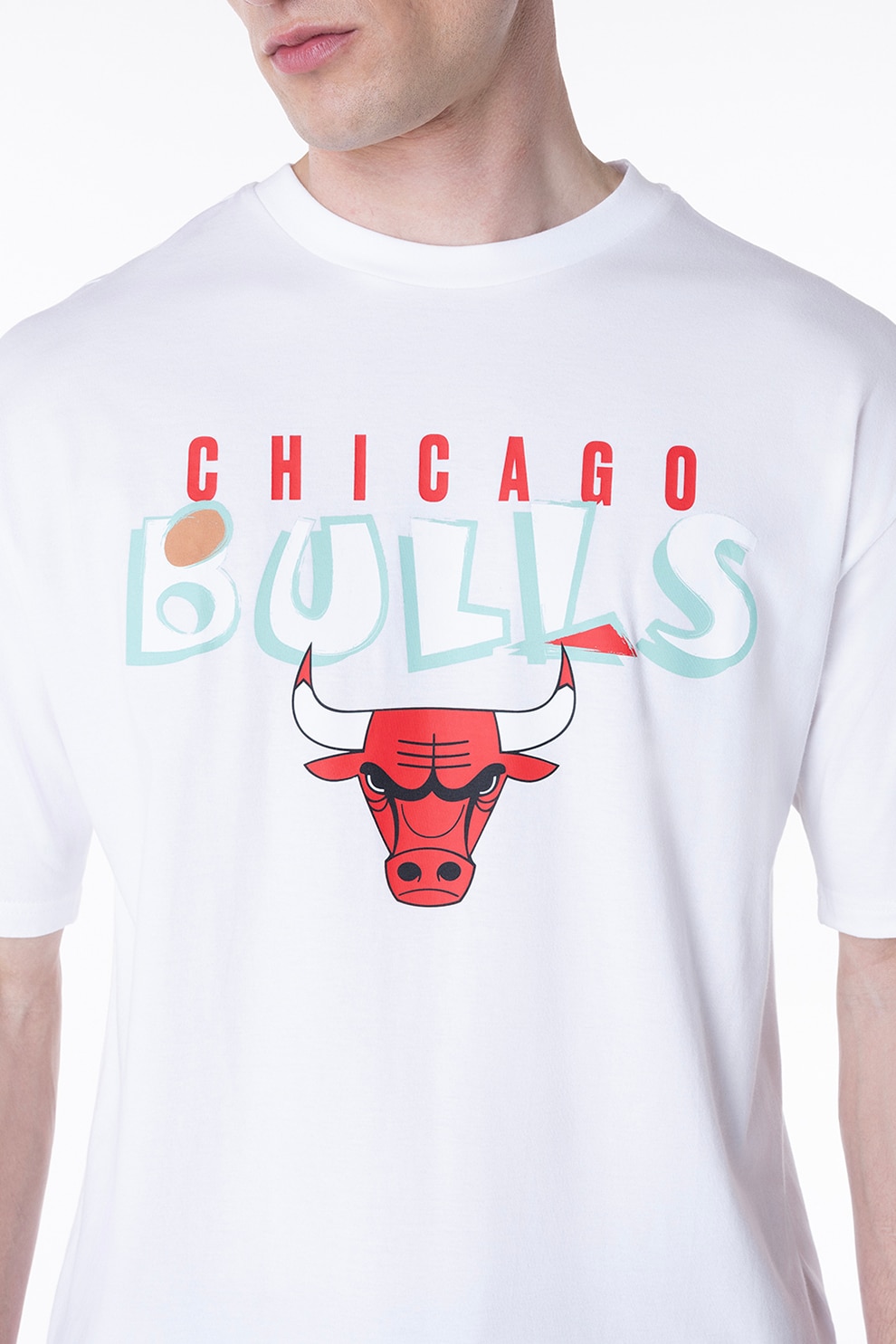 New Era, Tricou cu imprimeu Chicago Bulls, Rosu, Albastru pal, Alb ...