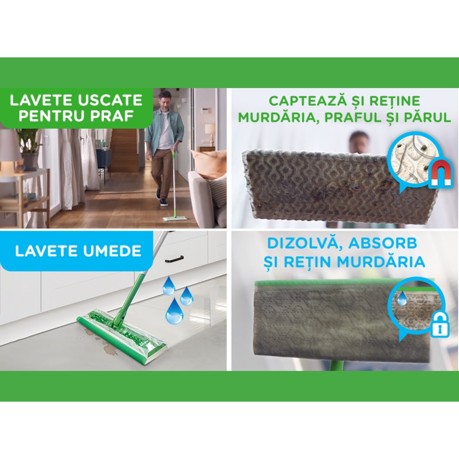 Kit Mop Uscat/Umed Swiffer Sweeper Trap&Lock 1 Mop, Matura si Mop 2 in ...