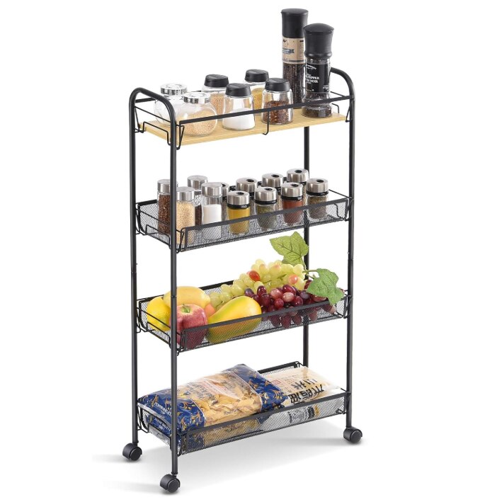 Suport metalic cu 3 rafturi, o polita din MDF, cu roti, Herum, Negru ...