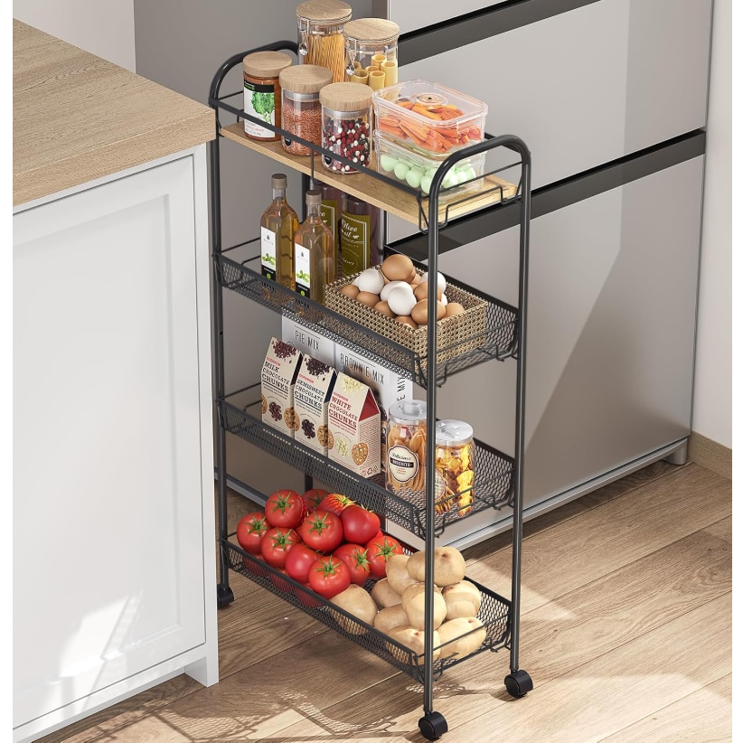 Suport metalic cu 3 rafturi, o polita din MDF, cu roti, Herum, Negru ...