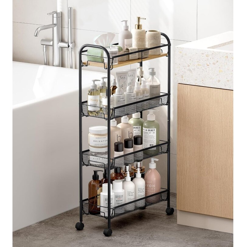 Suport metalic cu 3 rafturi, o polita din MDF, cu roti, Herum, Negru ...