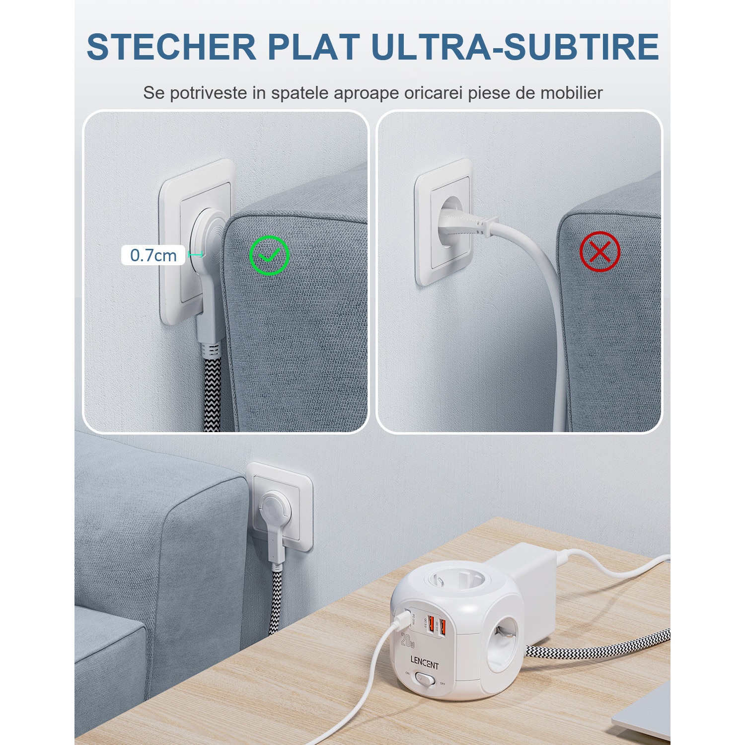 Prelungitor Stecher Plat 7-in-1 LENCENT®, Cube Extensie Priza cu ...