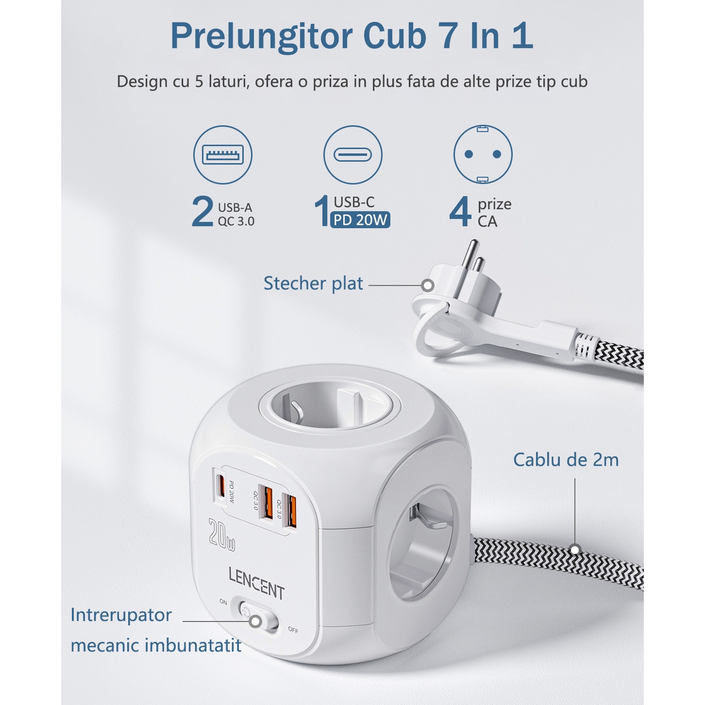 Prelungitor Stecher Plat 7-in-1 LENCENT®, Cube Extensie Priza cu ...