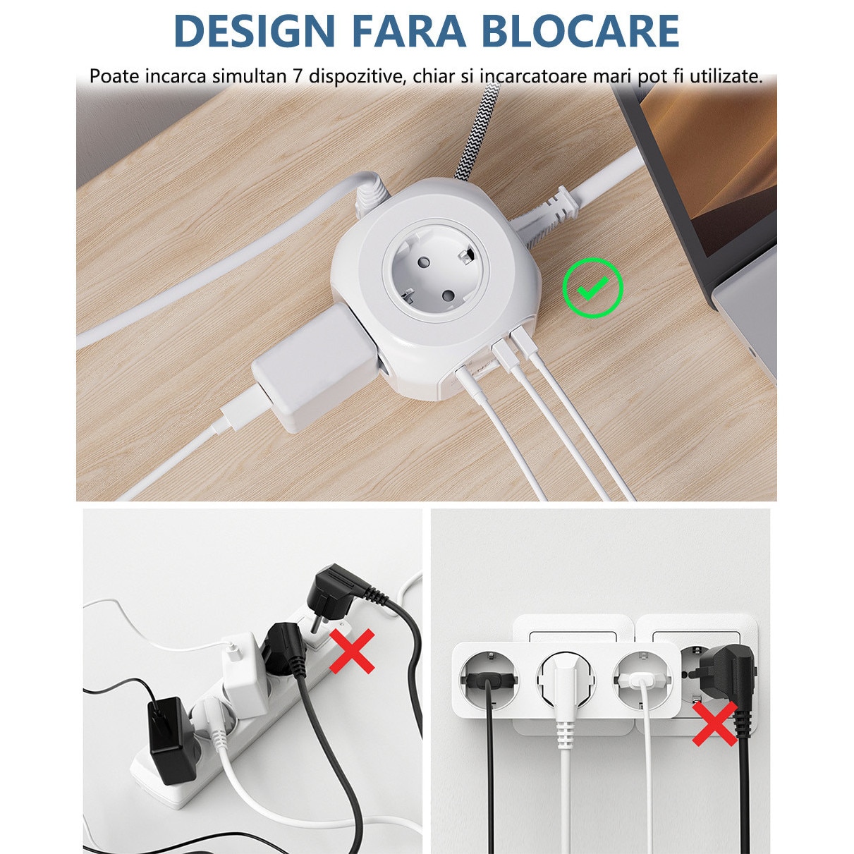 Prelungitor Stecher Plat 7-in-1 LENCENT®, Cube Extensie Priza cu ...