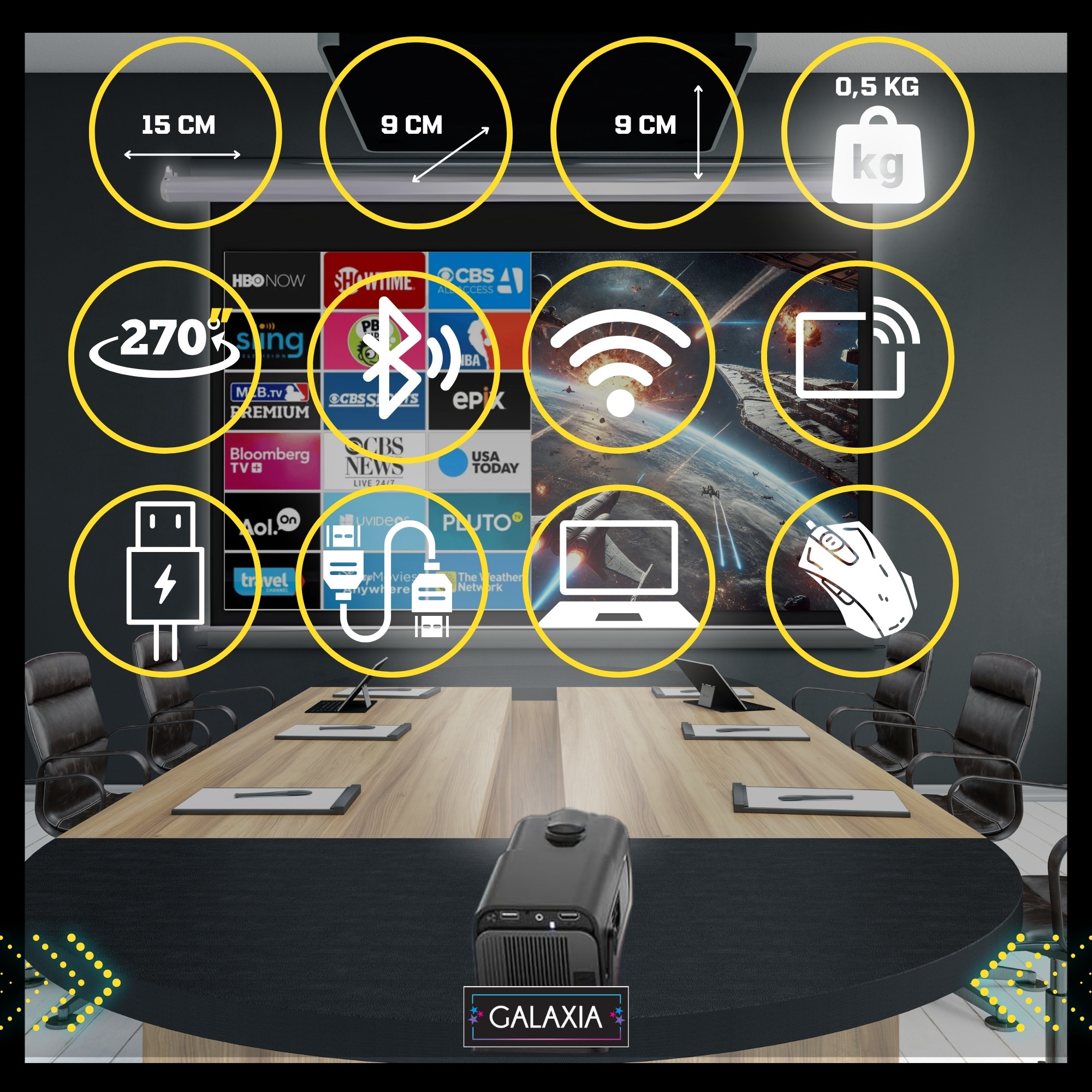Videoproiector Smart LED portabil GALAXIA® cu Android 12, Wi-Fi 6, BT 5.2, rezolutie HD ...