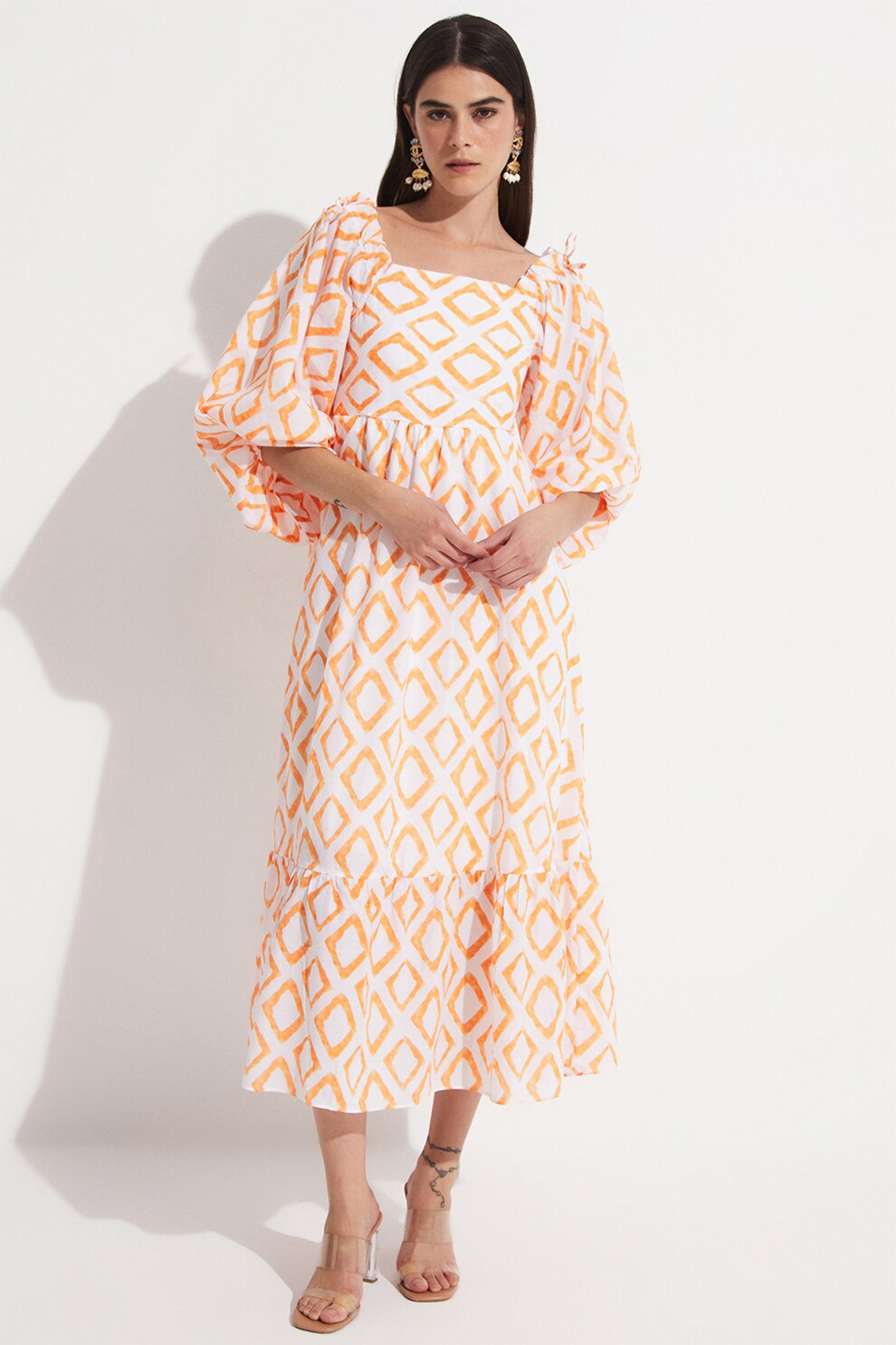 JUNE, Rochie midi cu decolteu patrat, Alb, Portocaliu deschis, S - eMAG.ro