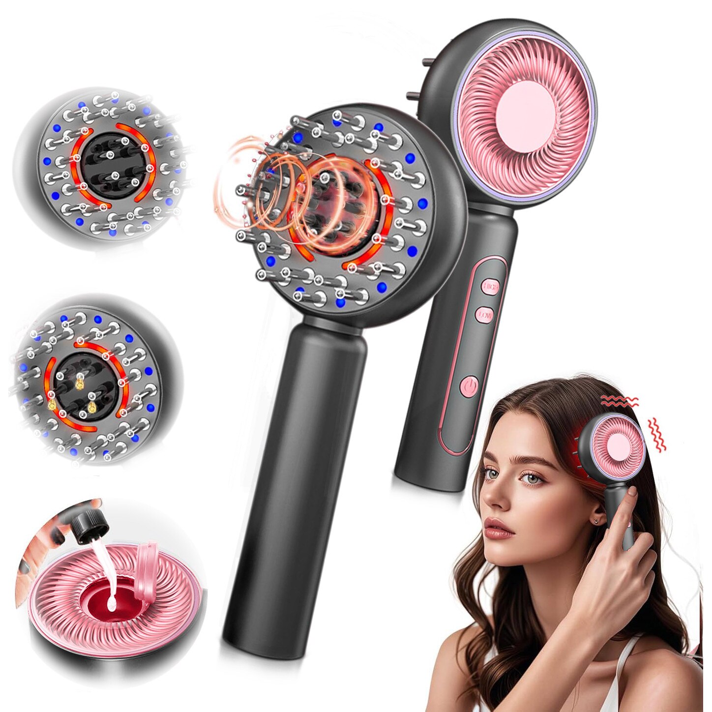 SHIJOOE® Електрически масажор за скалп, 850nm червена и синя светлинна терапия, 3 нива на ...