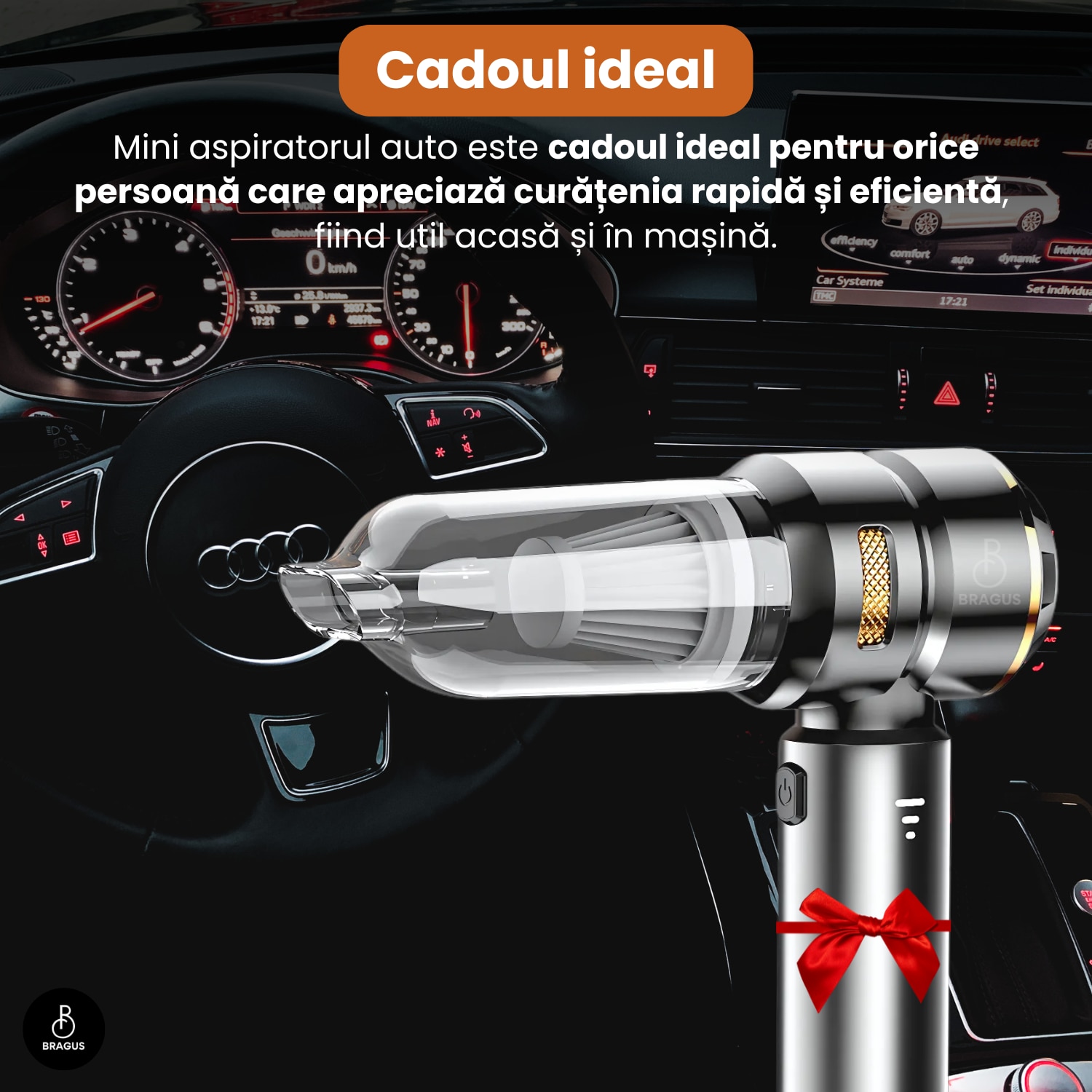 Aspirator Auto 4 in 1 Portabil, BRAGUS, 16000 PA, Baterie 6000mAh, 100W ...