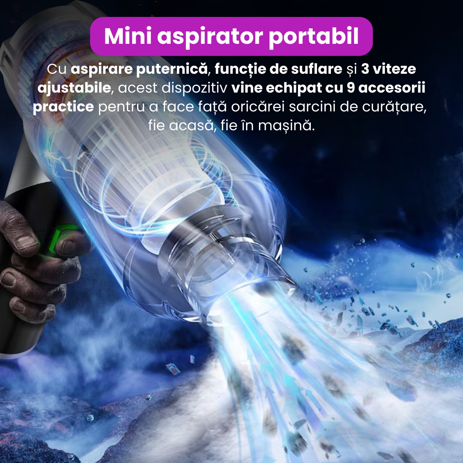 Aspirator Auto 4 in 1 Portabil, BRAGUS, Pliabil, 15000Pa, 100W, Baterie ...