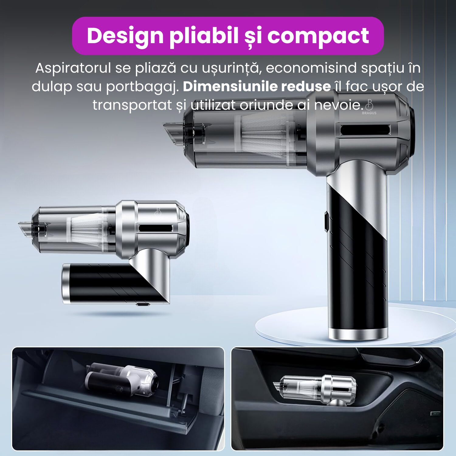 Aspirator Auto 4 in 1 Portabil, BRAGUS, Pliabil, 15000Pa, 100W, Baterie ...