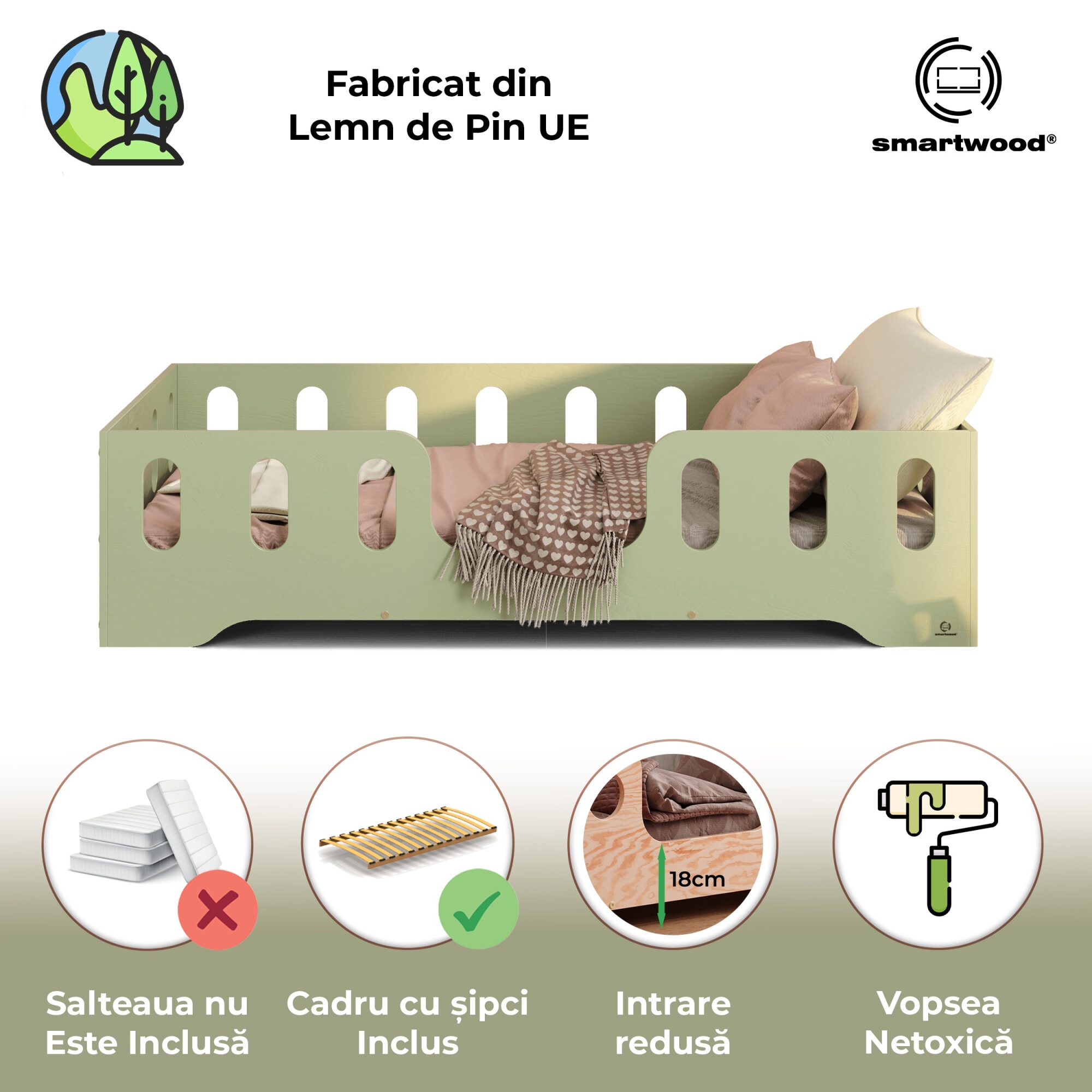 Pat copii 200x90 in culoare verde din lemn de pin cu balustrada de ...