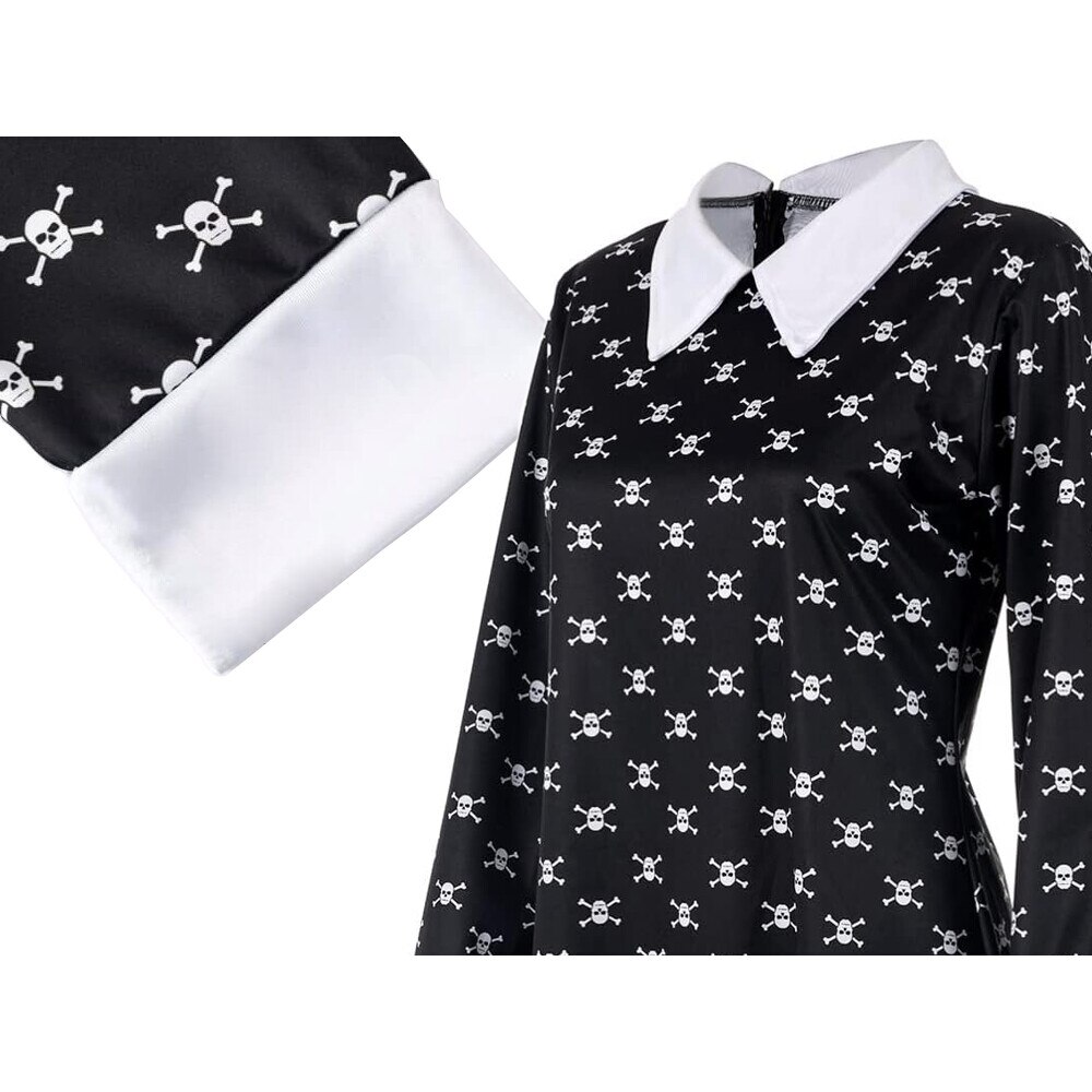 Costum copii Wednesday Addams, rochie neagra cu cranii albe, marime 115 ...