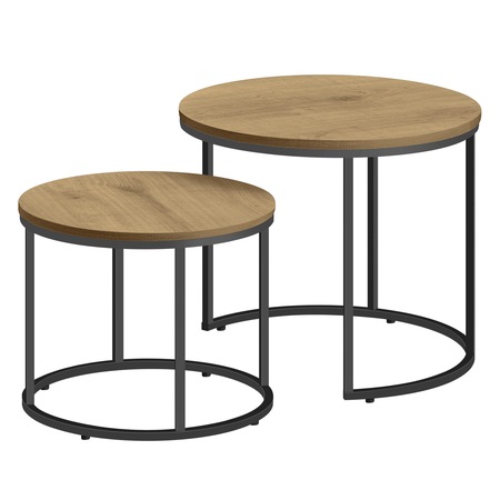 Set masute rotunde, OSKAR, 2 bucati, stejar/negru, 53x45cm, 43x35cm ...