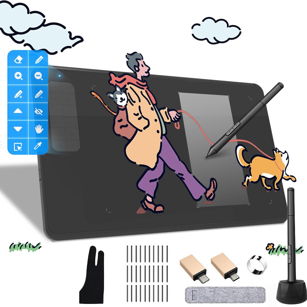 Tableta grafica，SHIJOOE®，10 x 6 inchi，Rezolutie inalta，12 Butoane, 8192 niveluri presiune，TILT ± ...