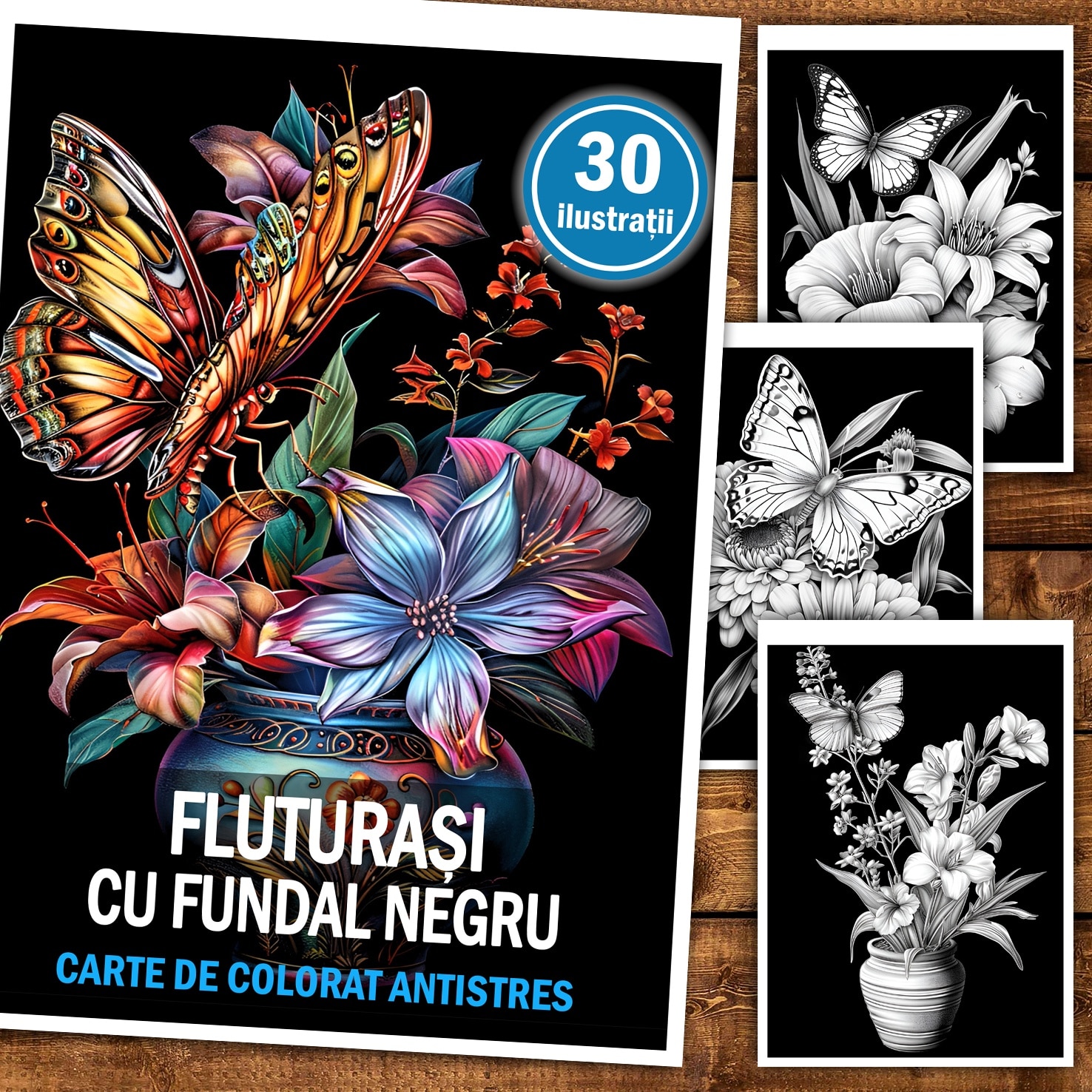 Anti-stressz kifestőkönyv, 30 illusztrációs Pillangók fekete háttérrel ...