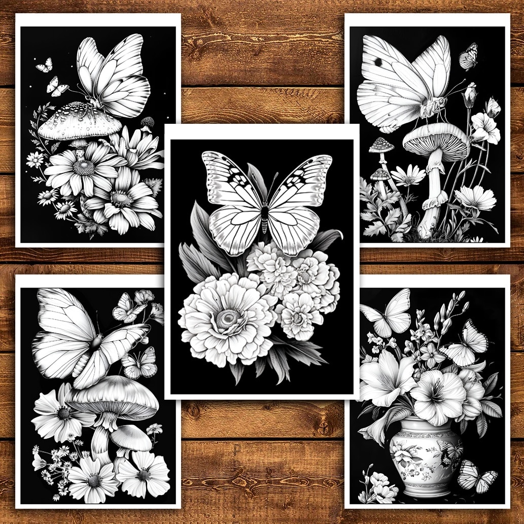 Anti-stressz kifestőkönyv, 30 illusztrációs Pillangók fekete háttérrel ...