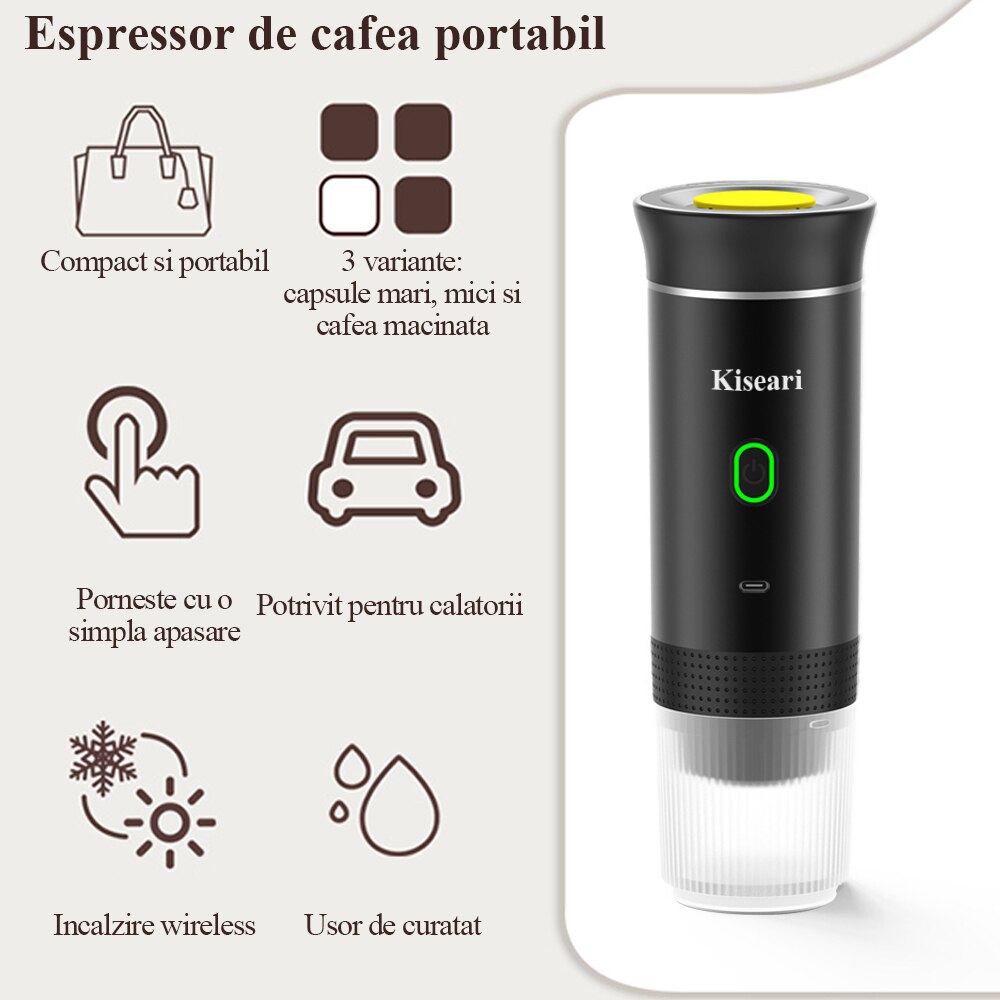 Espressor Portabil 20 Bar, Kiseari®, Baterie 7500mAh, Compatibil cu ...