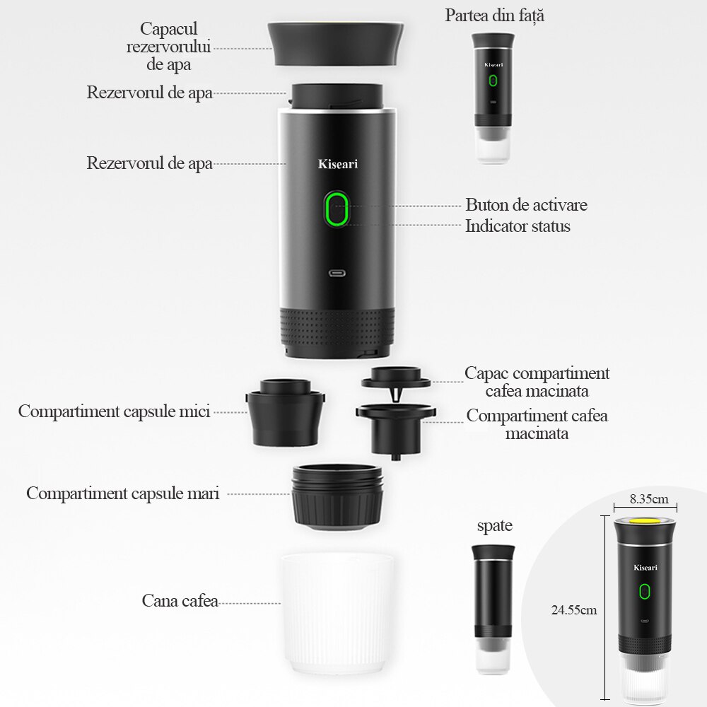 Espressor Portabil 20 Bar, Kiseari®, Baterie 7500mAh, Compatibil cu ...