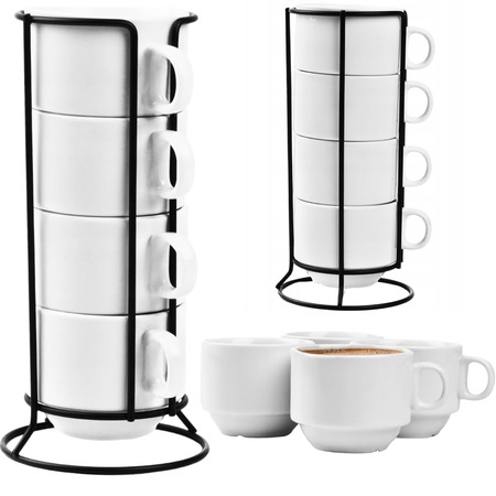 Set 4 cesti cu suport 220ml, Portelan, Alb, Negru - eMAG.ro