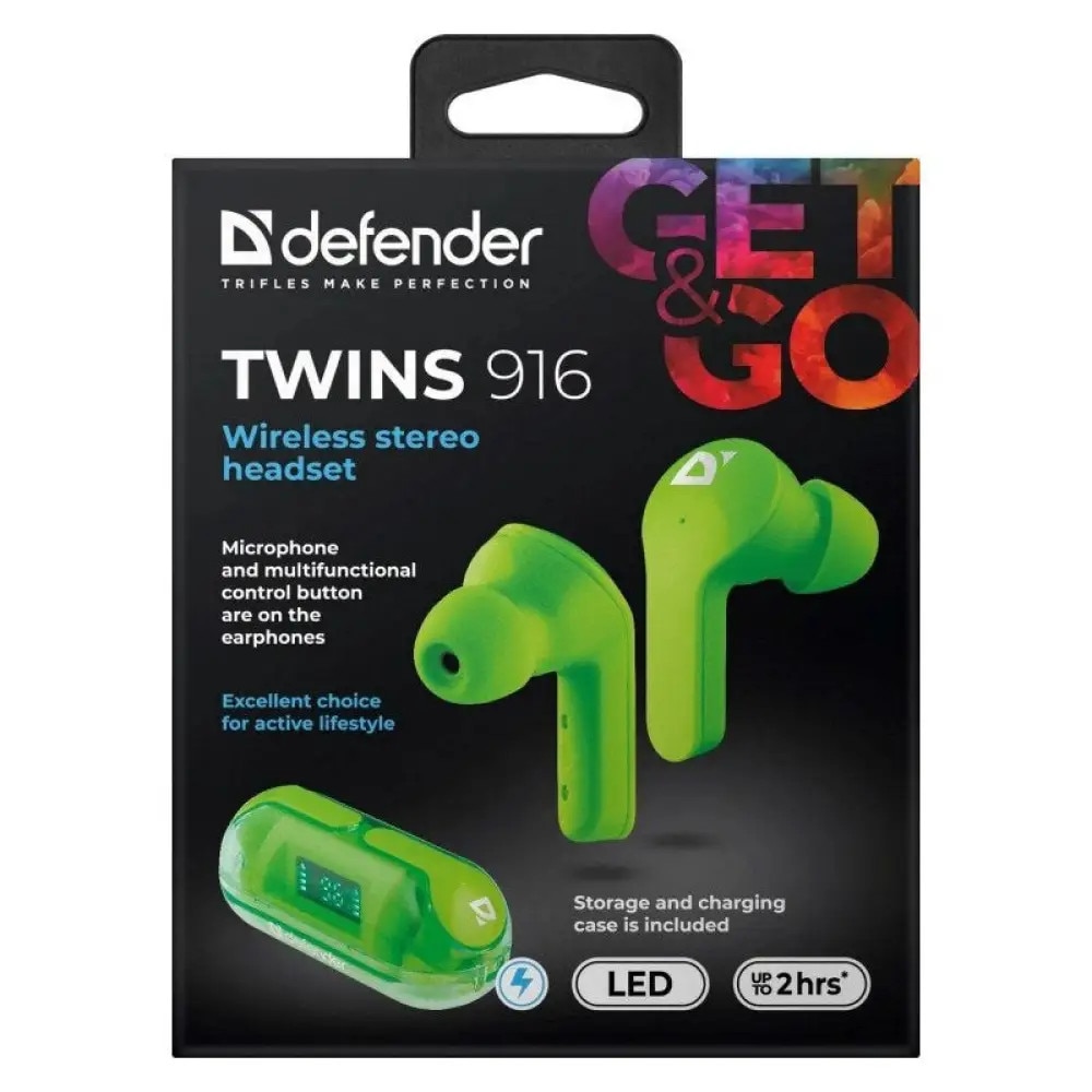 Casti wireless, Defender, model Twins 916, verde, Bluetooth 5.0 ...