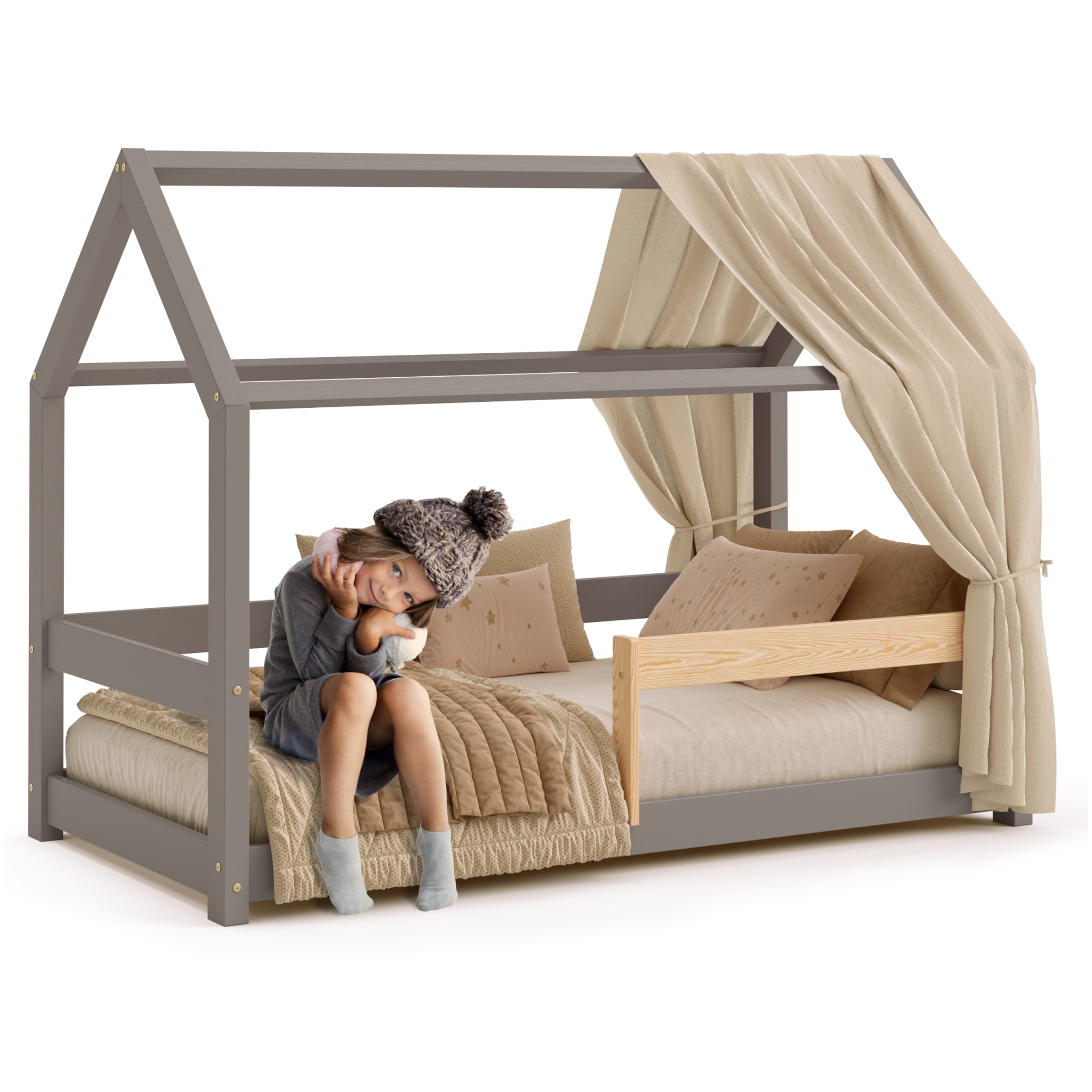 Pat copii Casuta 190x90 gri cu bariera de siguranta si cadru cu lamele ...