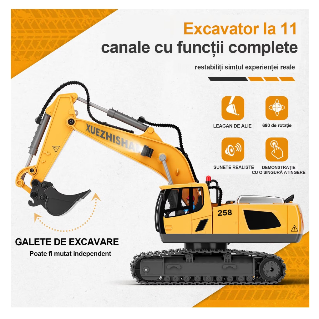 Excavator de jucarie cu telecomanda, VPUINEFE, 1 baterie 1200mAh, 360 ...