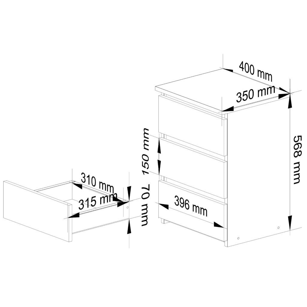 Noptiera pal 3 sertare glisiere metalice compacta, 40x35x57 cm, design ...