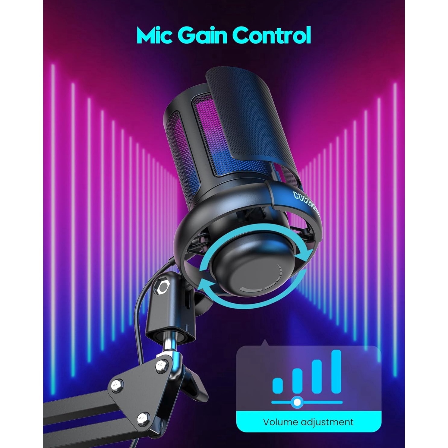 Professzionális RGB kondenzátor mikrofon játékhoz, YouTube, Zoom, Streaming, Némítás ...