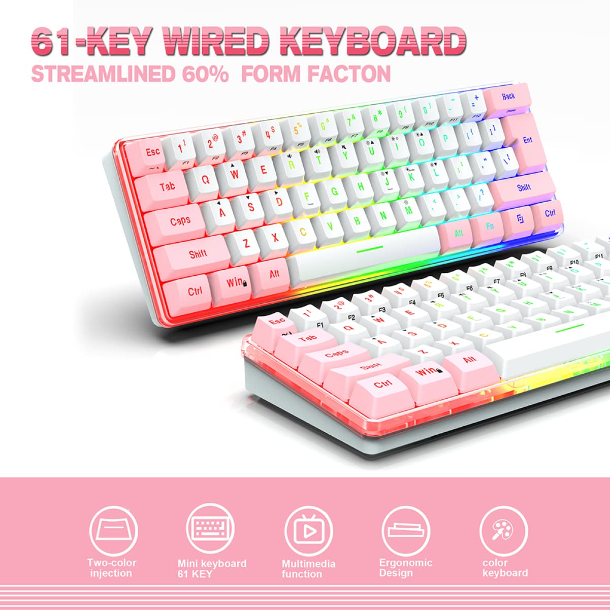 Tastatura Gaming RGB cu fir, NAXSIR, 61 taste, 8 efecte de iluminare, 5 ...