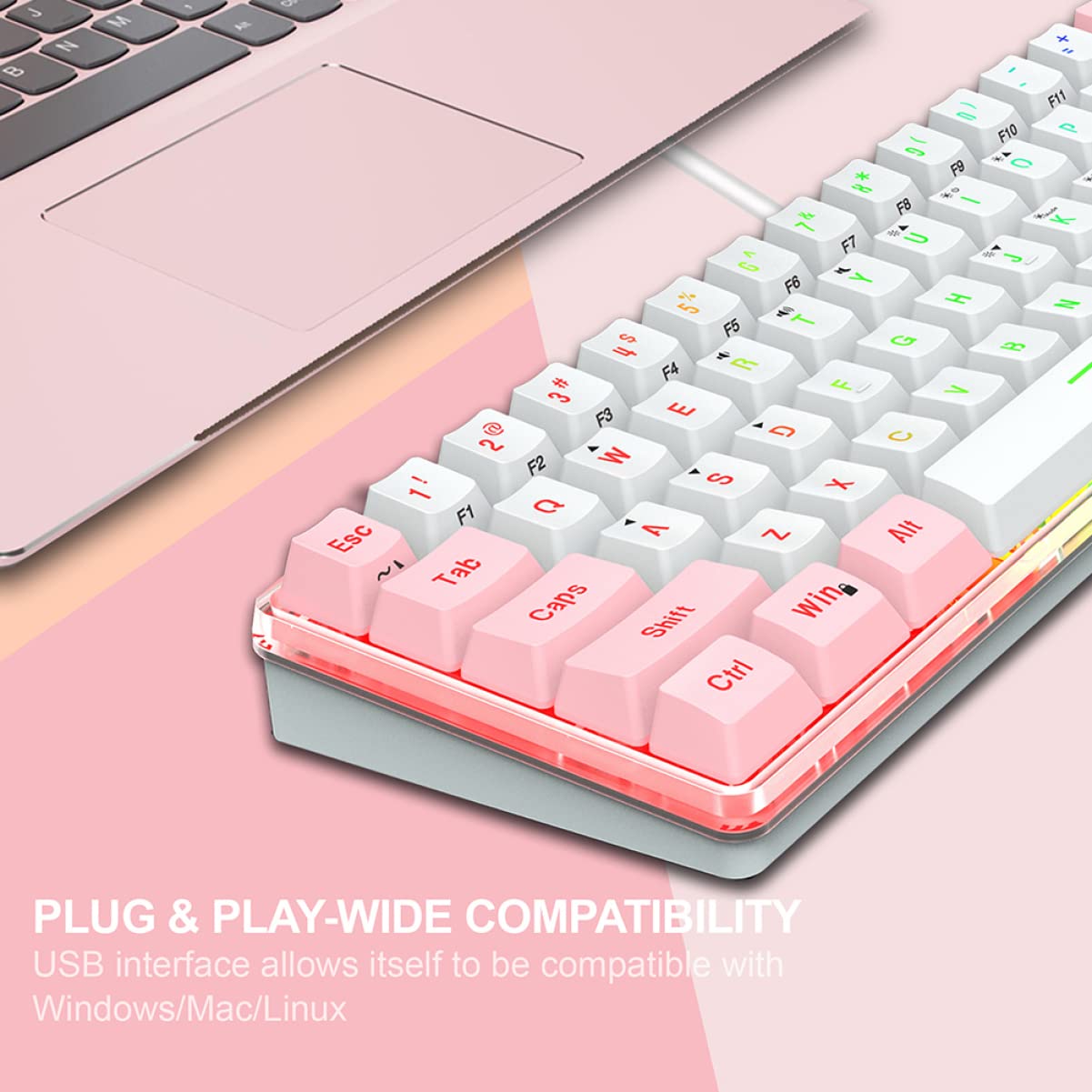 Tastatura Gaming RGB cu fir, NAXSIR, 61 taste, 8 efecte de iluminare, 5 ...