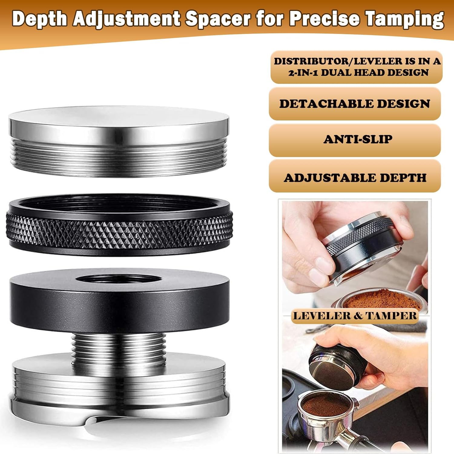 Set de 4 Accesorii Espresso, Tamper dublu cafea(Greu-Solid), Inel ...