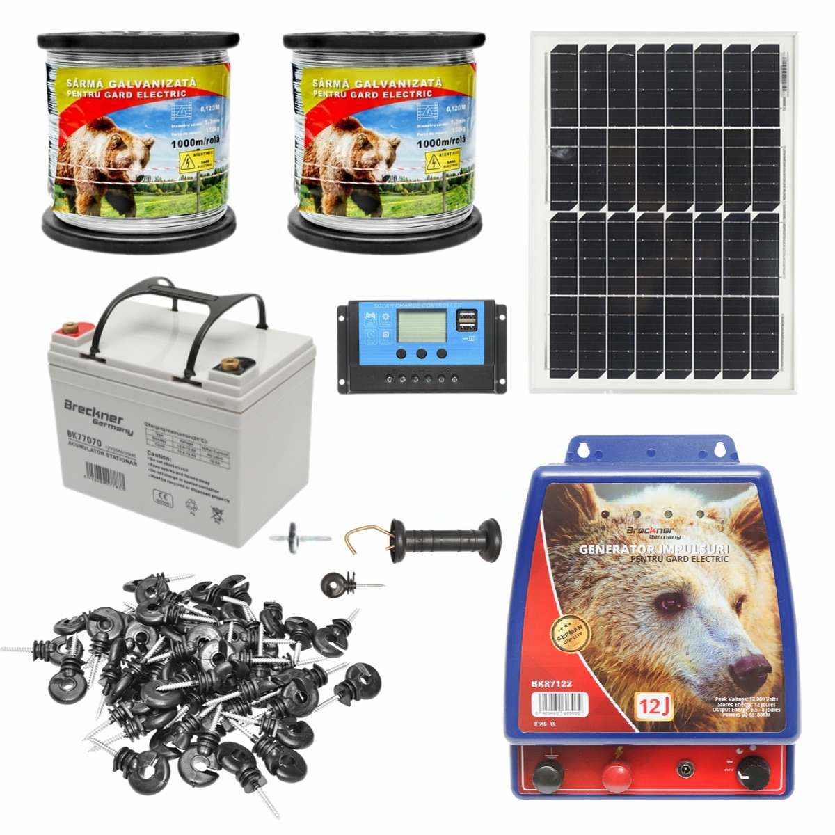 Kit complet gard electric cu panou solar, 12 Joule, 80 km, acumulator ...